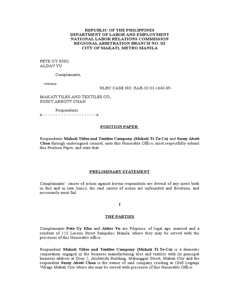 Position Paper Labor | PDF | Piece Work | Employment