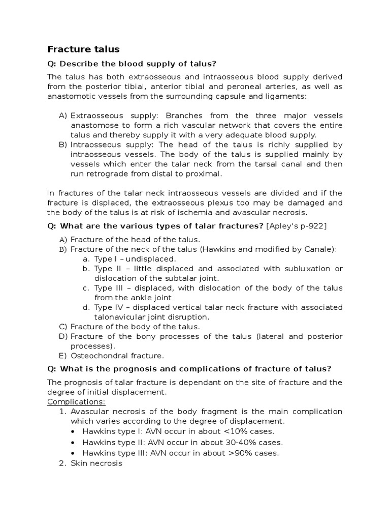 Fracture Talus: Q: Describe The Blood Supply of Talus? | PDF