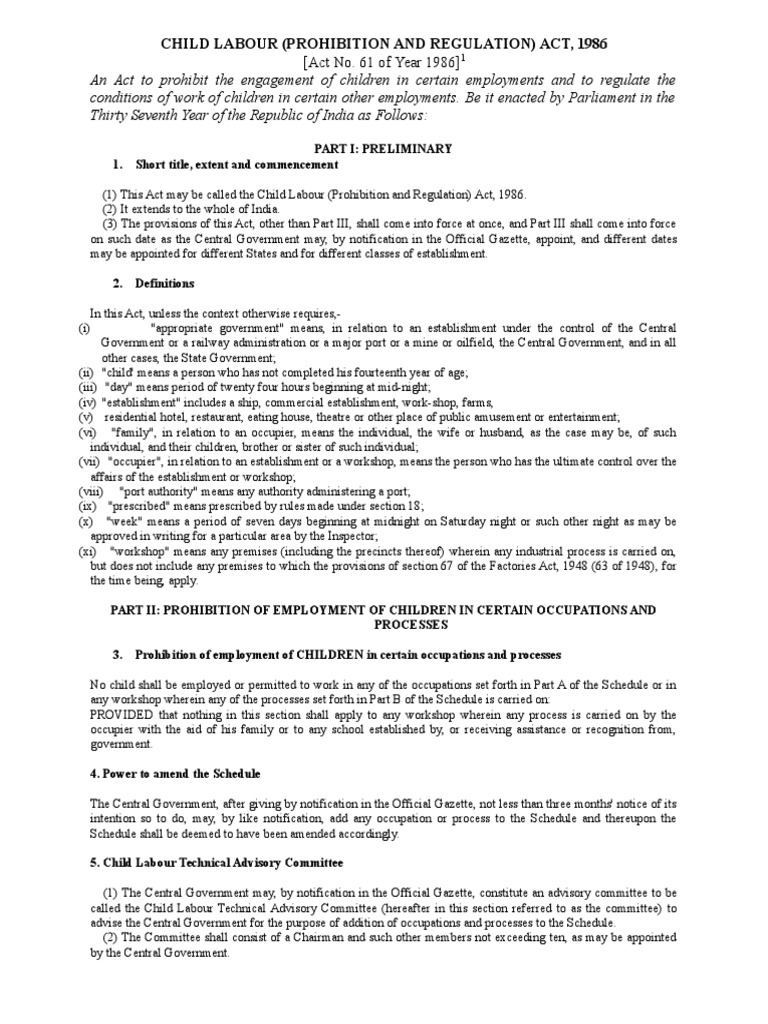 Abstract of Child Labour Prohibition and Regulation Act 1986 | PDF ...