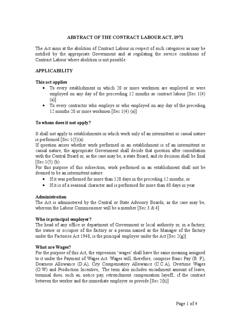 Abstract of The Contract Labour Act, 1971 | PDF | Overtime | Employment