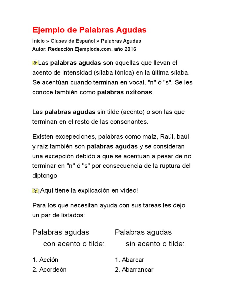 Ejemplo de Palabras Agudas | Escritura | Fonología | Prueba gratuita de ...