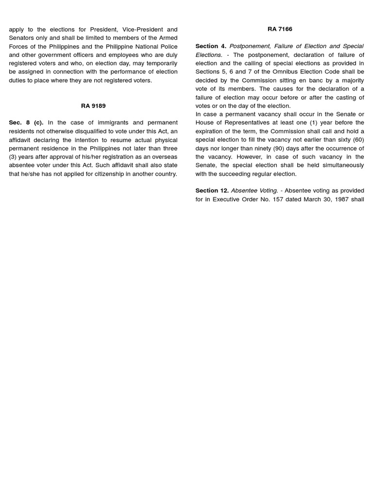 RA 7166 Section 4. Postponement, Failure of Election and Special | PDF ...
