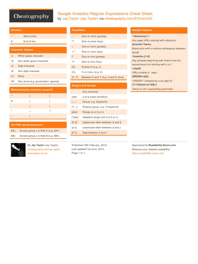 Google Analytics Regular Expressions Cheat Sheet | PDF | Computers
