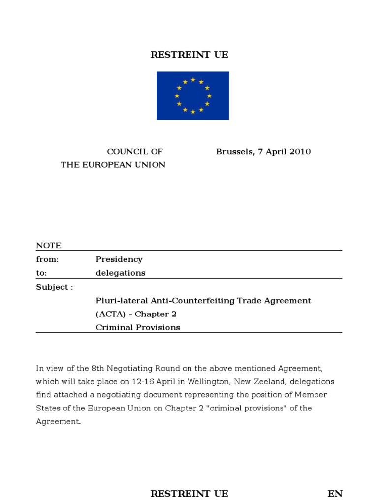 Restreint Ue: Council of Brussels, 7 April 2010 The European Union ...