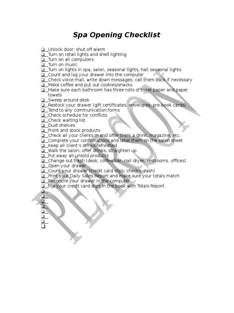 SOP Spa Opening Checklist | PDF
