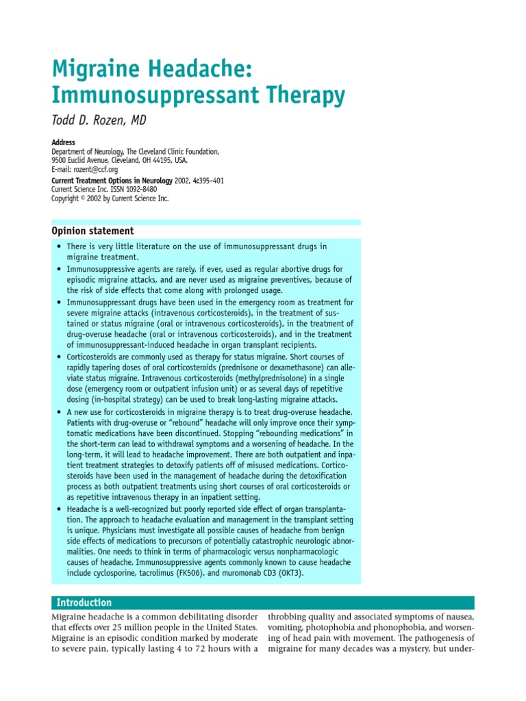 Migraine Headache: Immunosuppressant Therapy: Todd D. Rozen, MD | PDF ...