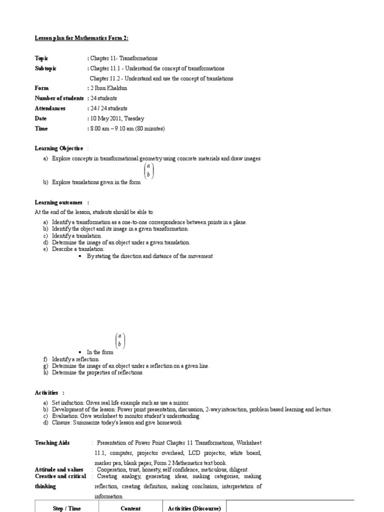 Transformations - Lesson Plan | PDF | Analogy | Lesson Plan
