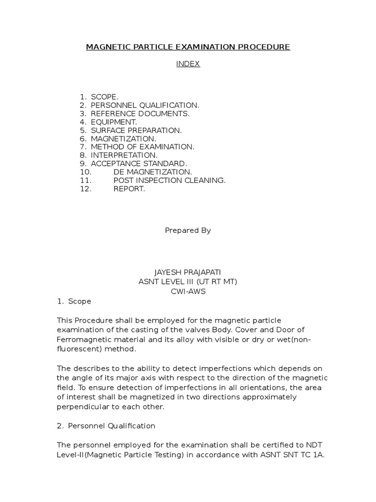 Magnetic Particle Testing Procedure Guide | PDF | Magnetic Field ...