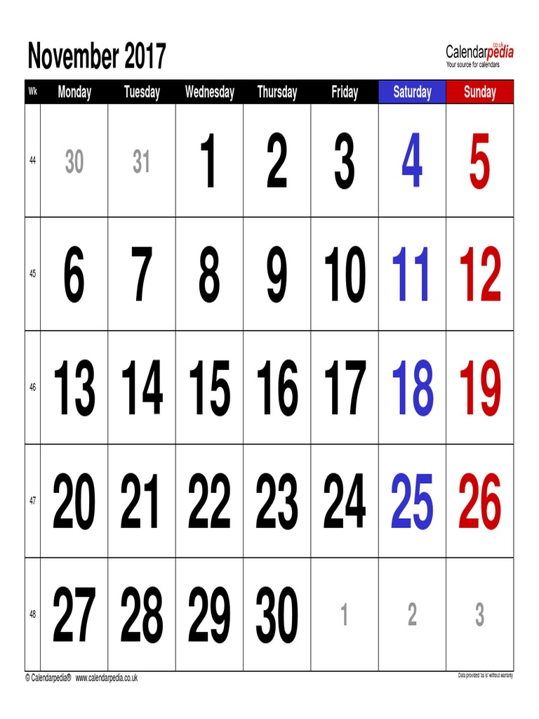 November 2017 Weekly Calendar | PDF