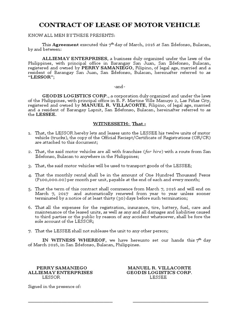 Contract of Lease of Motor Vehicle - Don Perry | PDF | Lease | Civil ...