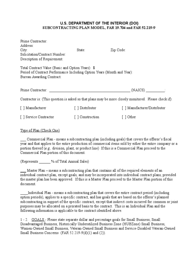 DOI Subcontracting Plan Guide | PDF | General Contractor | Offer And ...