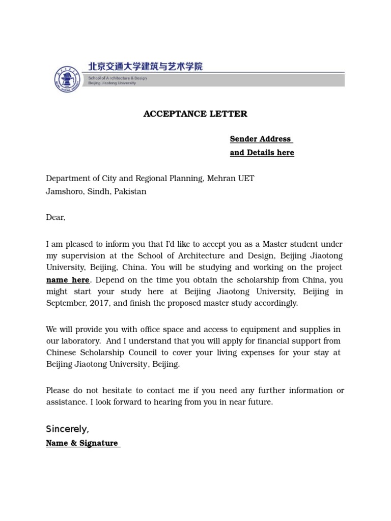 Acceptance Letter: Sender Address and Details Here | PDF