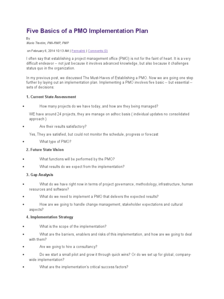 Five Basics of A PMO Implementation Plan | PDF