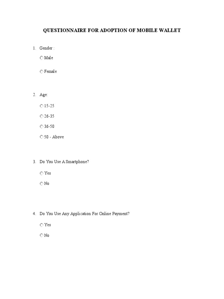 Questionnaire For Adoption of Mobile Wallet | PDF | Payments | Debit Card