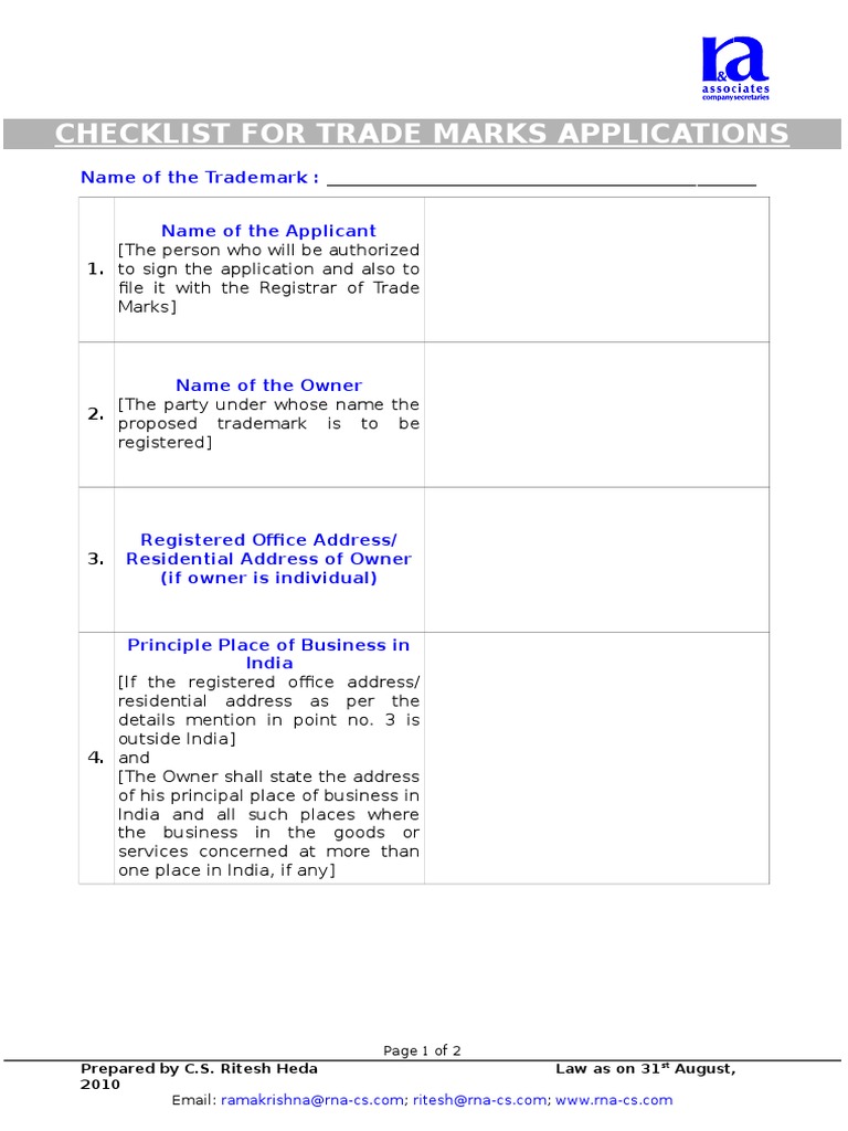 Checklist For Trademarks Registration | PDF