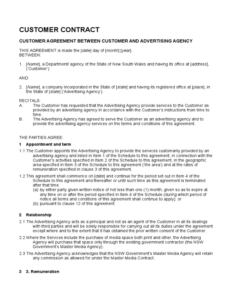 Customer Contract: Customer Agreement Between Customer and Advertising ...