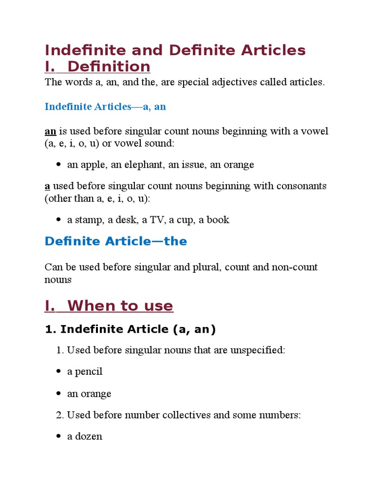 Indefinite and Definite Articles | PDF | Grammatical Number | Noun
