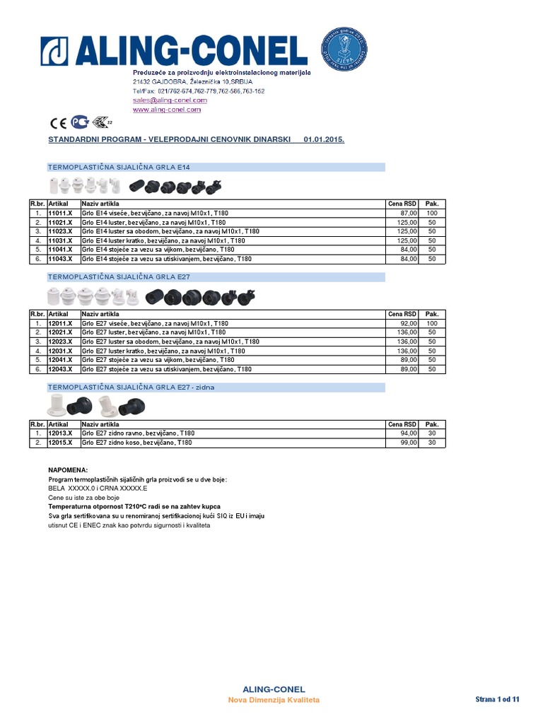 Cenovnik Aling Conel RSD 01012015 1 | PDF