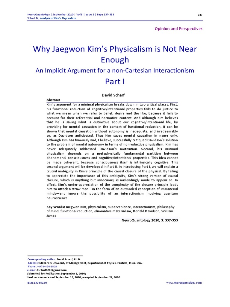 Why Jaegwon Kim's Physicalism Is Not Near PDF | PDF | Philosophy Of ...