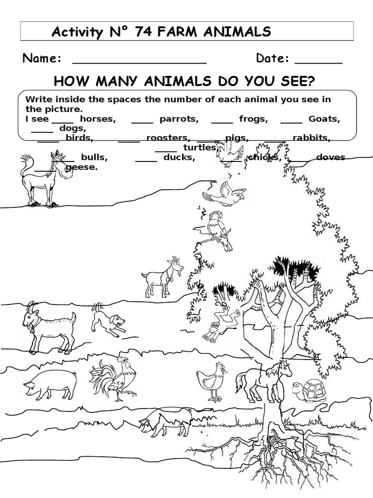 Activity #74 FARM ANIMALS How Many Animals Do You See?: Name: - Date | PDF