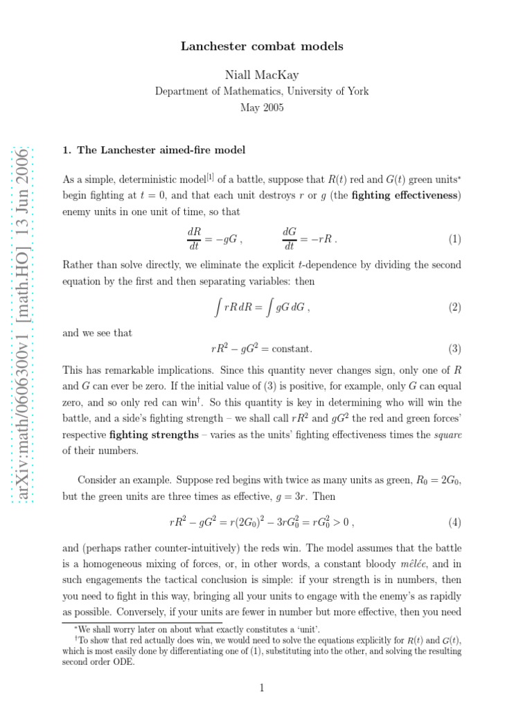 Lanchester Combat Models Explained | PDF | Armoured Warfare | Battles