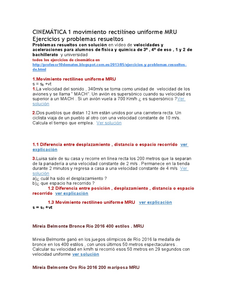 CINEMÁTICA 1 Movimiento Rectilíneo Uniforme MRU Ejercicios y Problemas ...