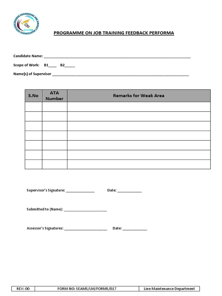 Programme On Job Training Feedback Performa: Supervisor's Signature ...