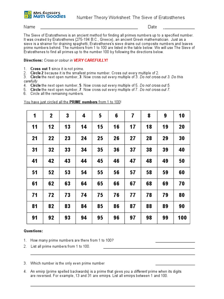 Sieve of Eratosthenes - Worksheet | PDF