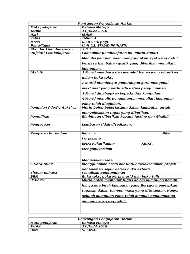 Rancangan Pengajaran Harian Bahasa Malaysia Tahun 4 KSSR | PDF
