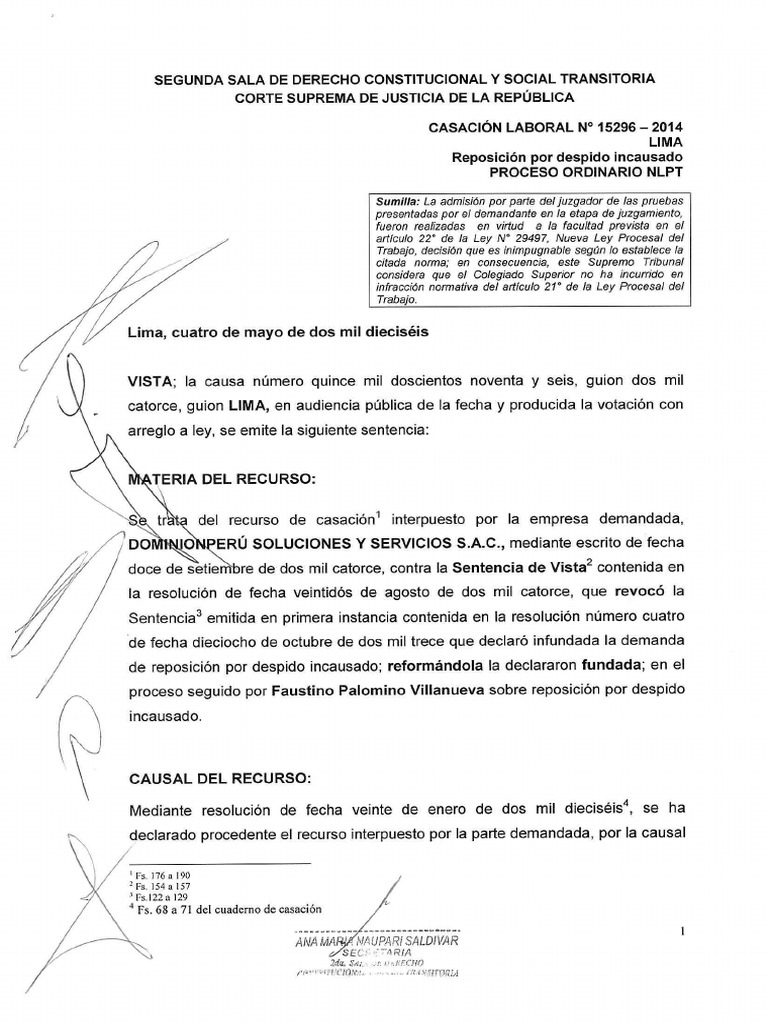 Casación Laboral Nº 15296-2014, Lima | Ley procesal | Evidencia (ley) Casación Laboral Nº 15296-2014, Lima | Ley procesal | Evidencia (ley)