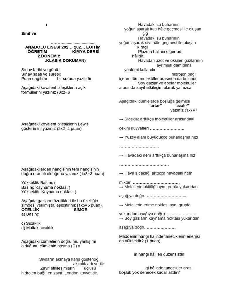 2023-2024 9.sınıf Kimya 2.dönem 2.yazılı Sorular Ve Cevap Anahtarı (3.klasik Doküman) | PDF