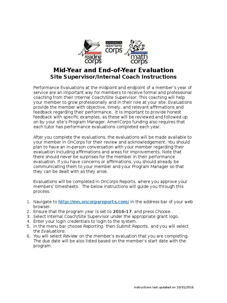 Mid-Year and End-of-Year Evaluation: Site Supervisor/Internal Coach ...