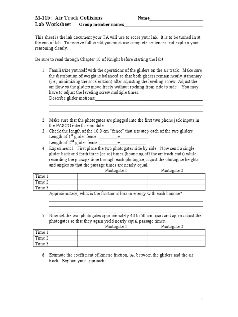M-11b: Air Track Collisions Lab Worksheet | PDF | Collision | Momentum