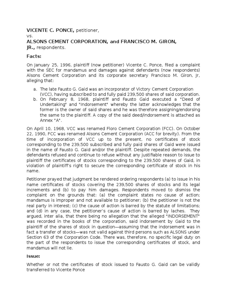 Ponce Vs Alsons Cement | PDF | Corporations | Mandamus