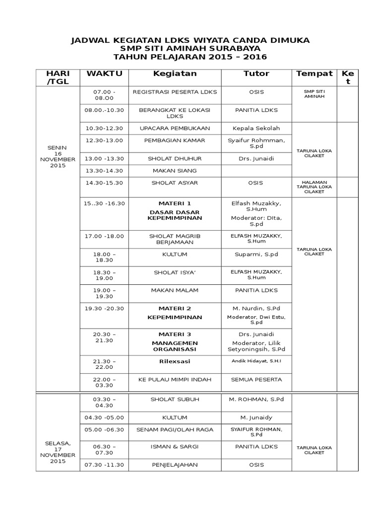 Jadwal Kegiatan Ldks New | PDF