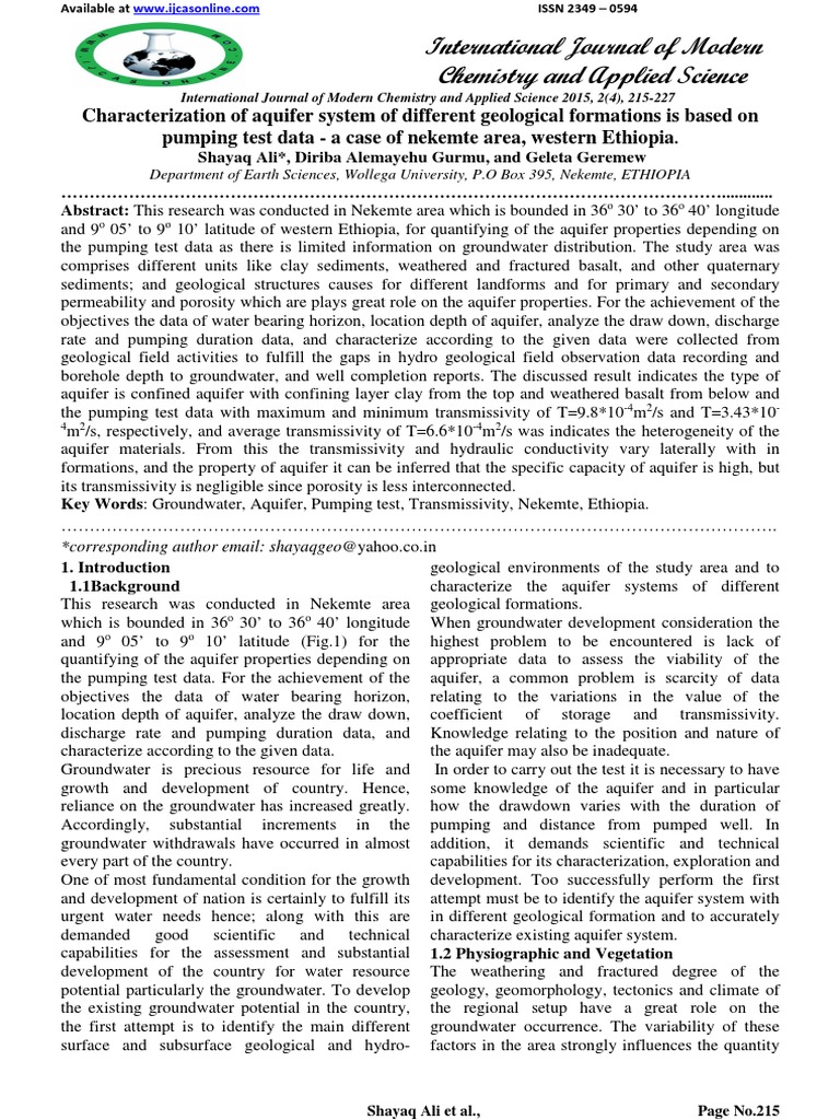 Characterization of Aquifer System of Different Geological Formations ...