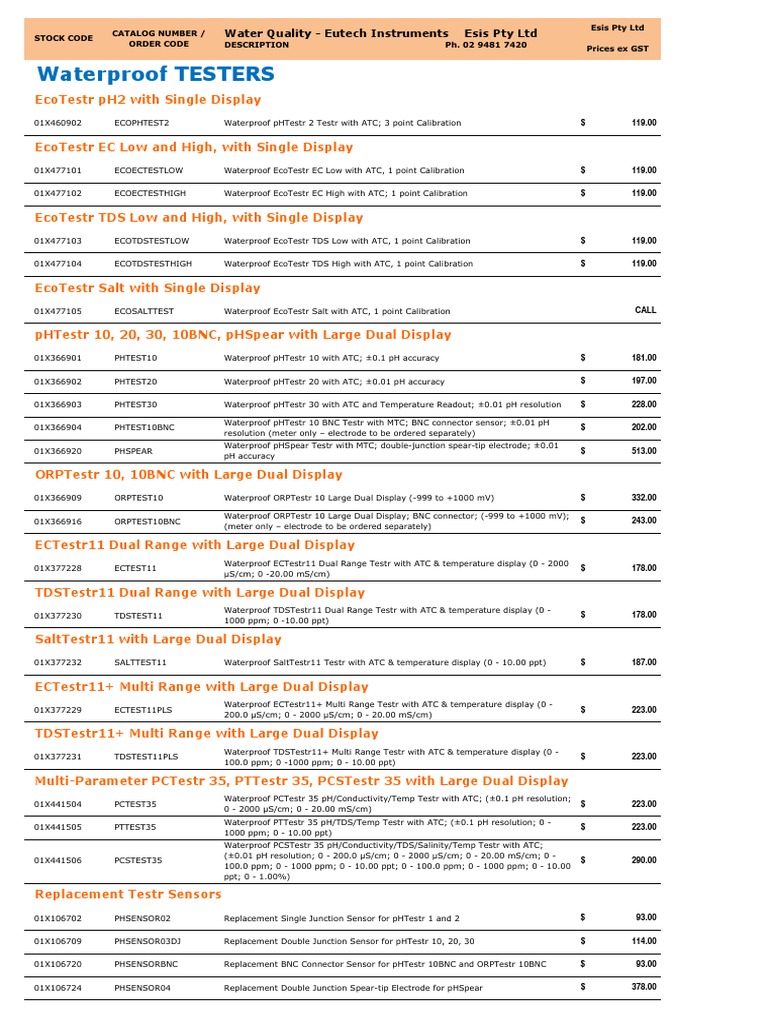 Water Quality Instrument Catalog from Esis Pty Ltd Featuring Eutech ...