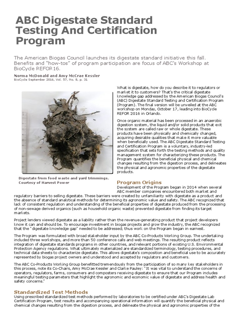 ABC Digestate Standard Testing and Certification Program - BioCycle ...