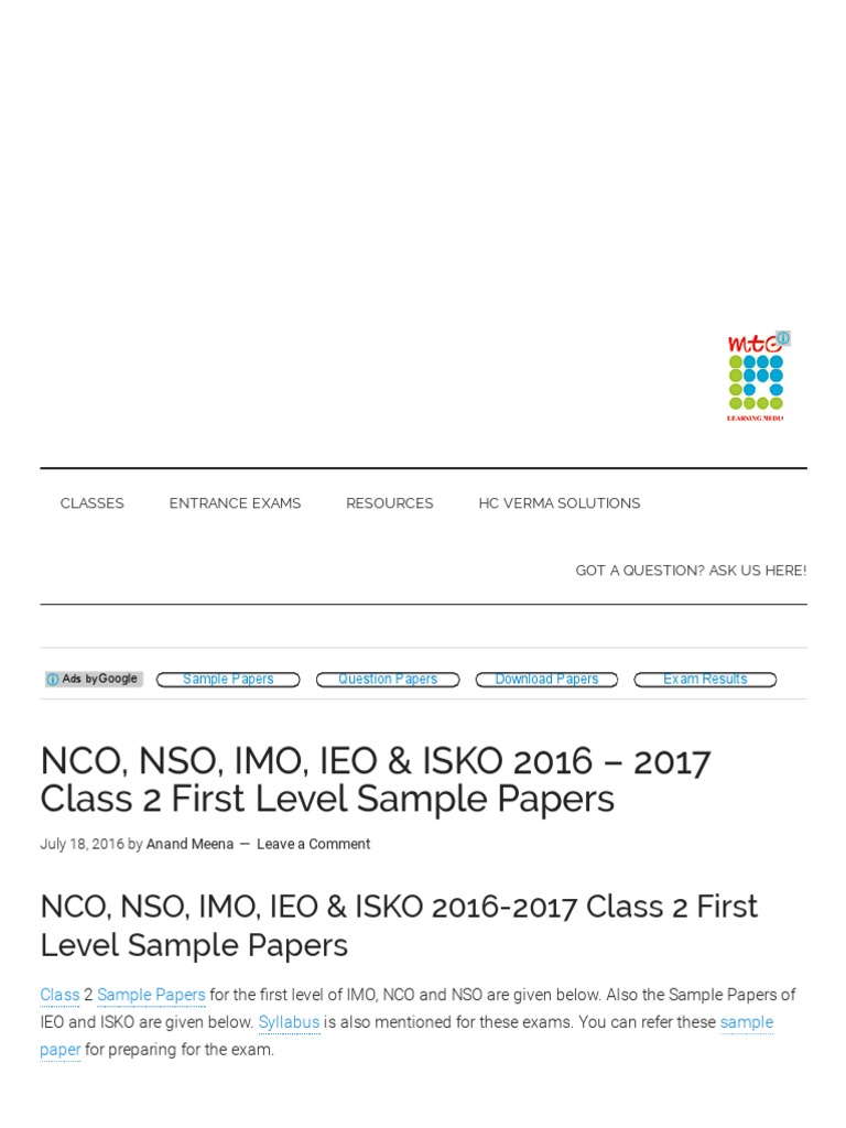 NCO, NSO, IMO, IEO & ISKO 2016 - 2017 Class 2 First Level Sample Papers ...