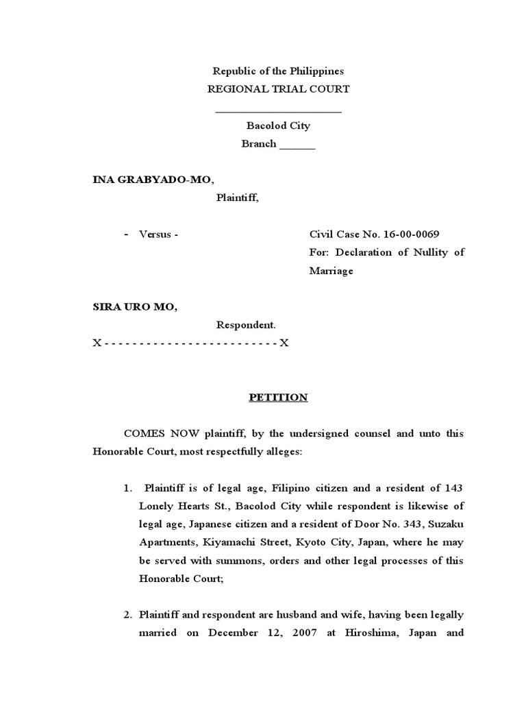 Petition for declaration of nullity.doc | Marriage | Justice