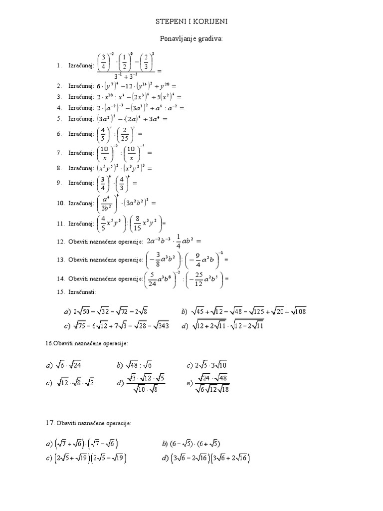Matematika - Stepeni I Korijeni - Zadaci | PDF