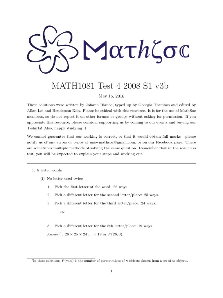 MATH1081 Test 4 Solutions | Download Free PDF | Mathematical Objects ...
