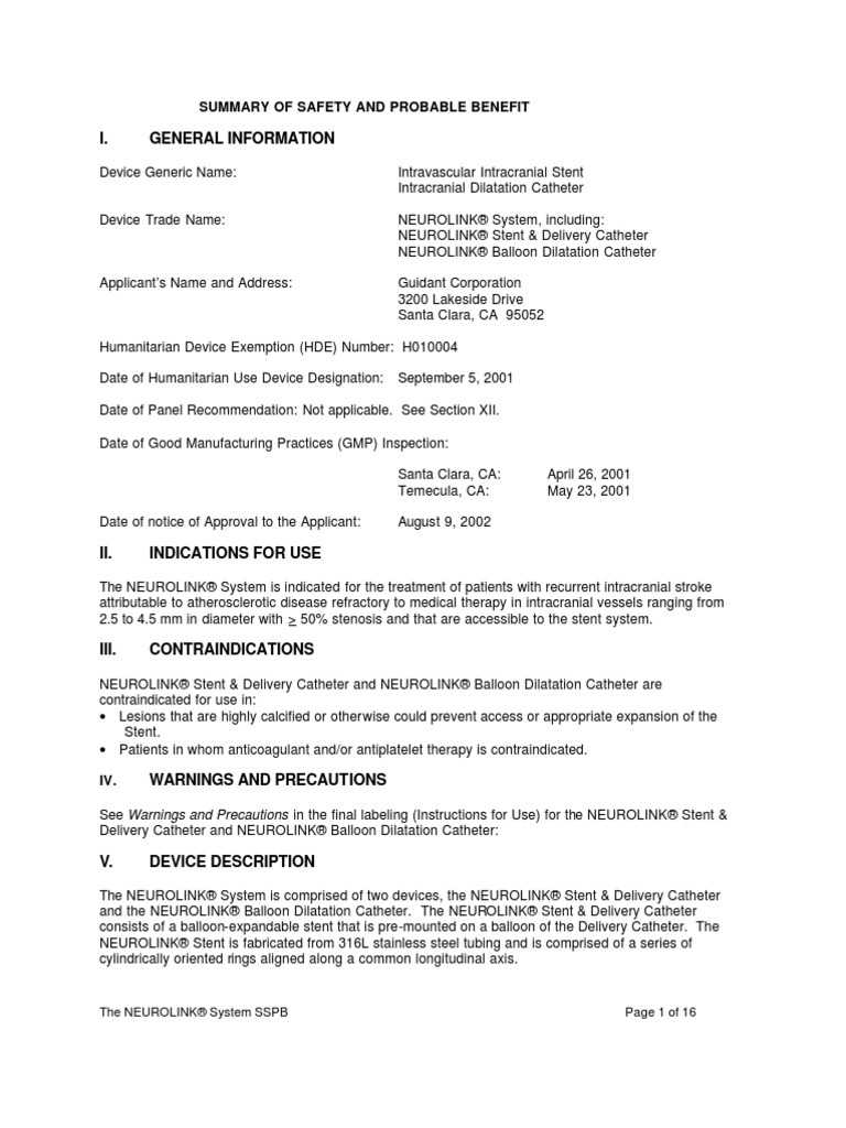 NeuroLink Stent System | PDF | Stroke | Thrombosis