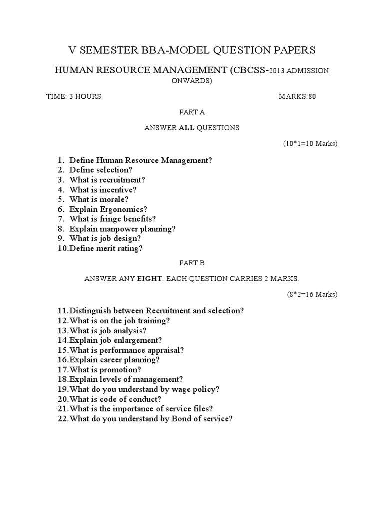 V Semester Bba-Model Question Papers: Human Resource Management (Cbcss ...