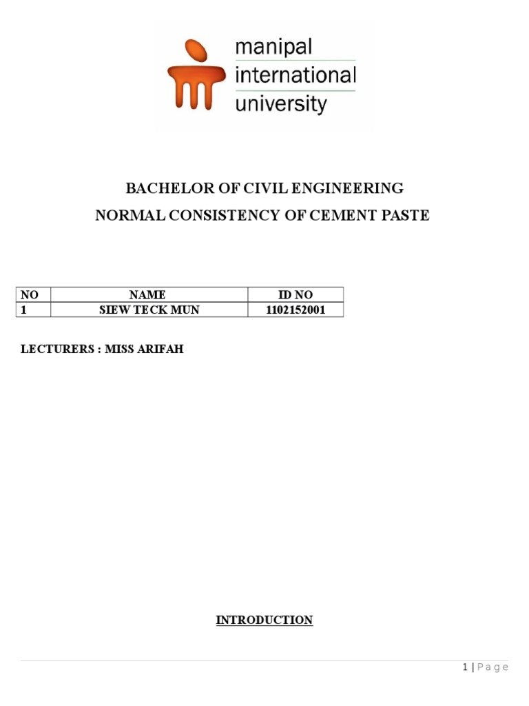 Bachelor of Civil Engineering Normal Consistency of Cement Paste | PDF | Cement | Concrete