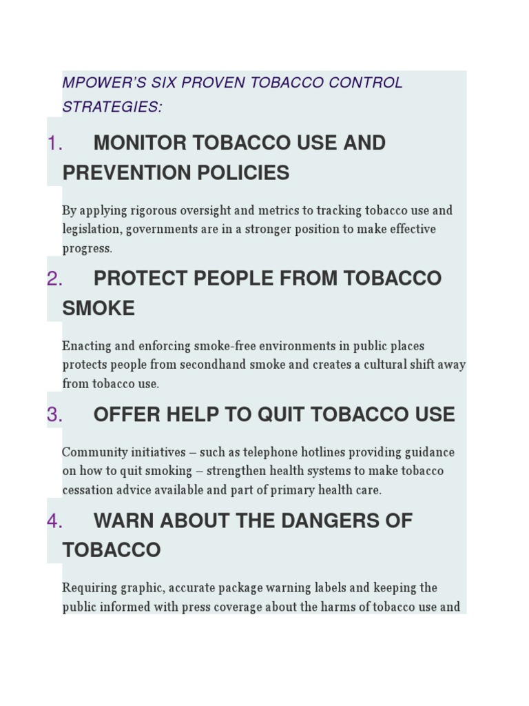 Monitor Tobacco Use and Prevention Policies: Mpower'S Six Proven ...
