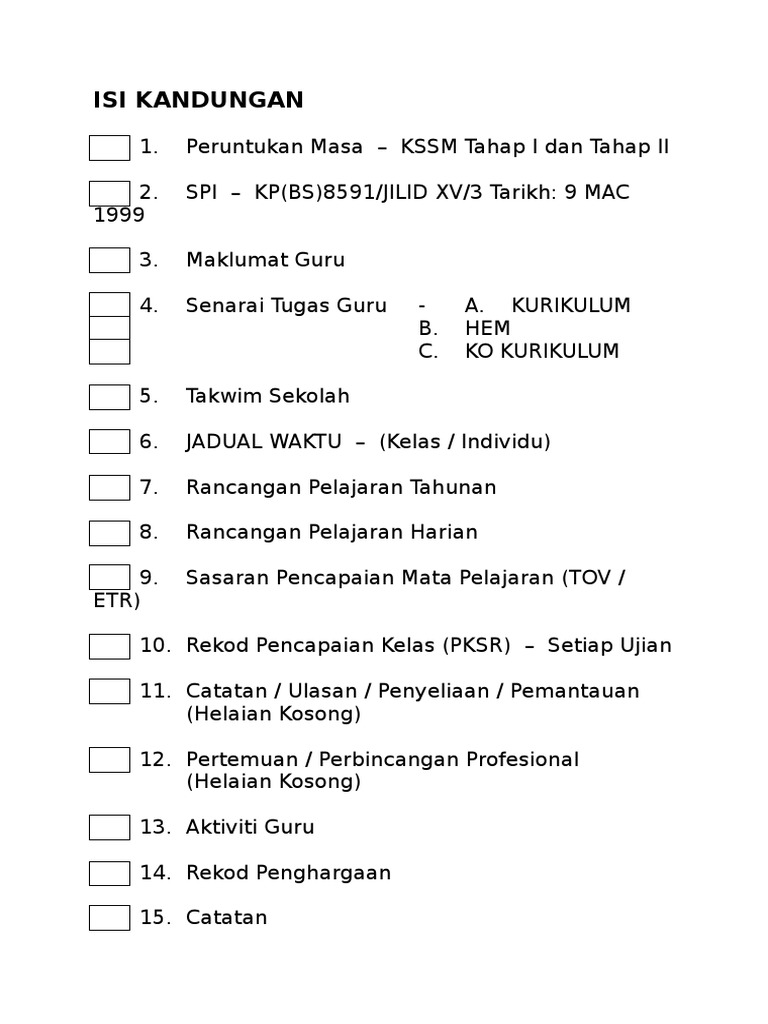 Senarai Semak Isi Kandungan Fail RPH | PDF