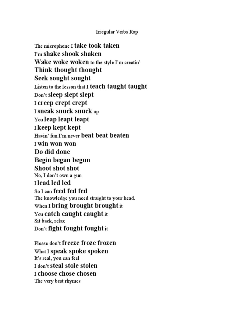 Irregular Verbs Rap Lyrics | PDF | Self-Improvement