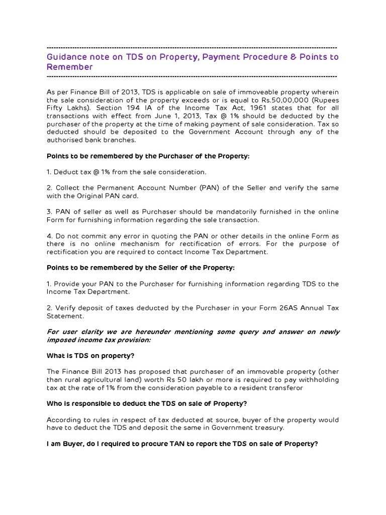 Guidance Note On TDS On Property, Payment Procedure & Points To ...