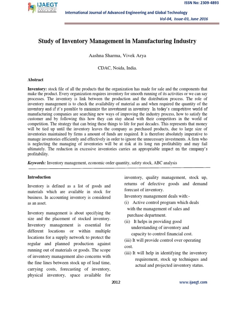Study of Inventory Management in Manufacturing Industry: Aashna Sharma ...